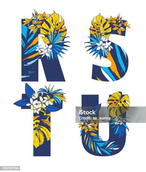 장식에서 알파벳 글꼴 손으로 그린 꽃 장식 열 대 패턴 문자를 설정합니다 컴퓨터 글자에 대한 스톡 벡터 아트 및 기타 이미지 컴퓨터 글자 하와이 문화 꽃 식물