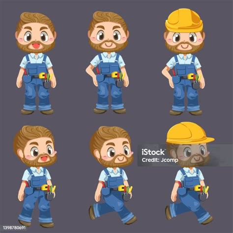 Worker Man Wearing Uniform And Helmet Holding Tool Cartoon Character
