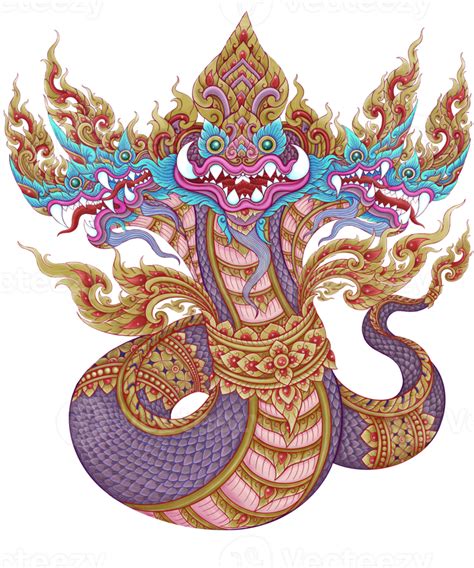 Naga 5 Heads Of Hand Drawn Of In Thai Art Style Of Religious Buddhism