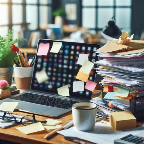 Messy Office Desk With Overflowing Inbox Premium Ai Generated Image