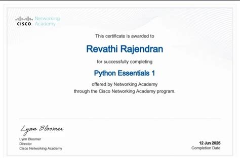 I Have Successfully Completed The Python Essential 1 From Cisco Networking Academy Revathi