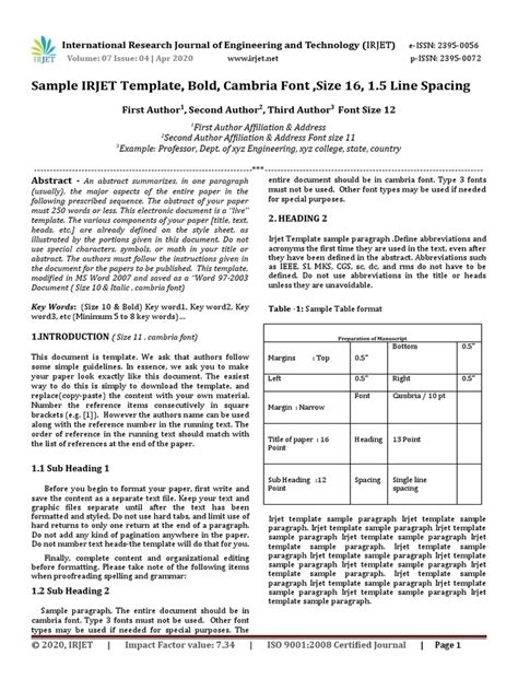 Irjet Manuscript Template Pdf Document Paragraph