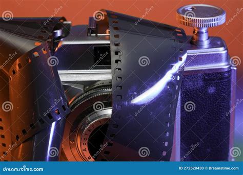 Film Of An Analogue Camera With Colorful Background Photographed Stock