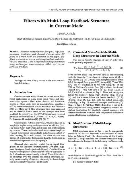 Filters With Multi Loop Feedback Structure In Current Mode Pdf Electronic Filter Low Pass