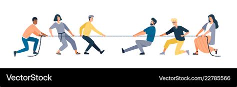 Two Groups Of People Pulling Opposite Ends Rope Vector Image