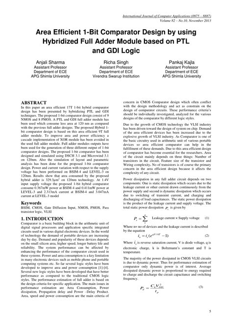 Pdf Area Efficient 1 Bit Comparator Design By Using Hybridized Full Adder Module Based On Ptl