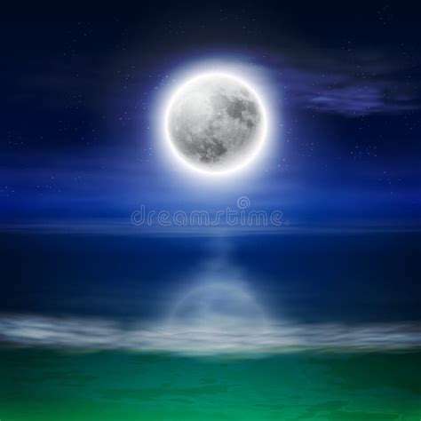 Playa Con La Luna Llena En La Noche Ilustración Del Vector
