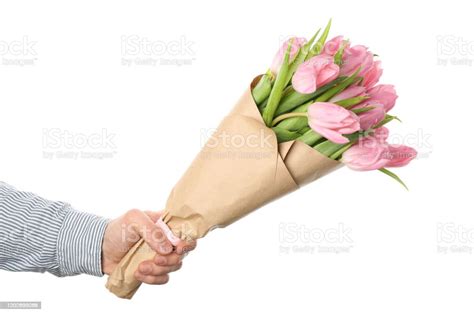남성 손은 흰색 배경에 고립 된 분홍색 튤립의 꽃다발을 보유하고 기념일에 대한 스톡 사진 및 기타 이미지 기념일 꽃 나무