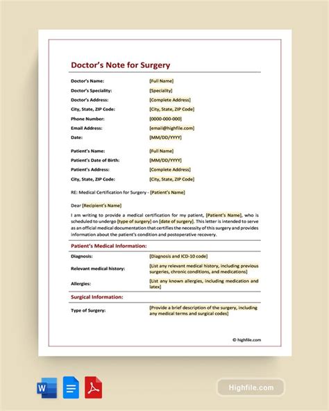Doctors Note For Surgery Template Content Calendar Template