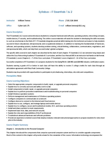 It Essentials 1 2 Syllabus Rev Spring 2018 Pdf Computer Network
