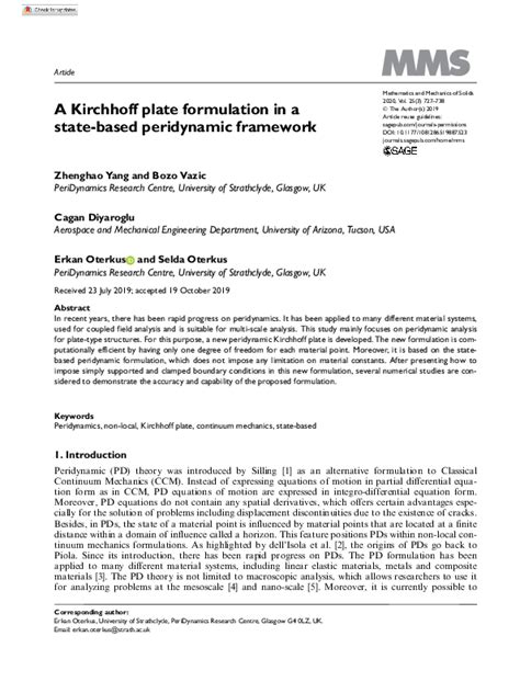 Pdf A Kirchhoff Plate Formulation In A State Based Peridynamic Framework