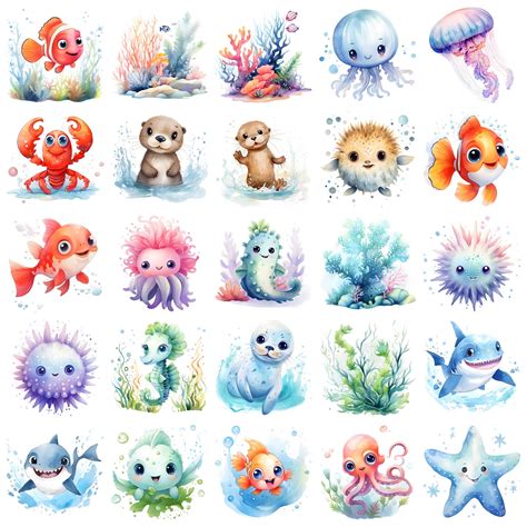 50 Wassertiere Im Aquarell Clipart Bundle Ozean Kinderzimmer Niedliche