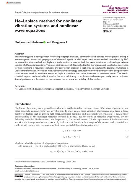 Pdf Helaplace Method For Nonlinear Vibration Systems And Nonlinear