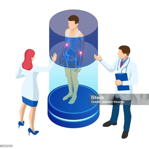 인체 를 스캔하기위한 아이소메트릭 X 선 기계 환자의 흉부 엑스레이 필름을 검사하는 의사 검사 가슴 뼈의 로엔겐 수술에 대한 건강 검진 X 레이 장비에 대한 스톡 벡터 아트