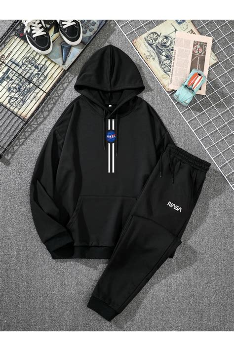Deep And Qaiser Şerit Nasa Logo Baskılı Siyah Unisex Oversize Eşofman