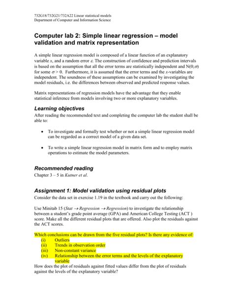 Computer Exercise 1 Simple Linear Regression
