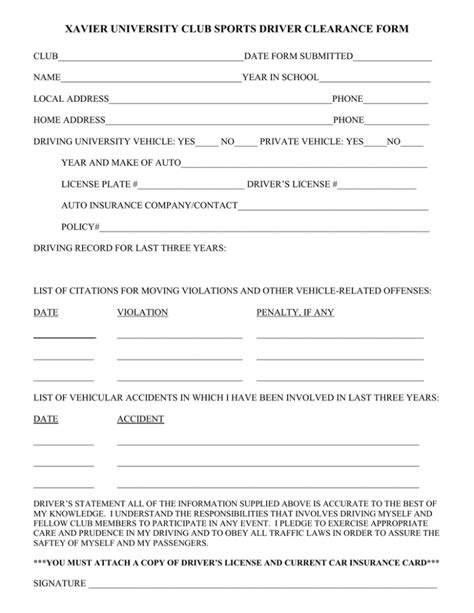 Xavier University Club Sports Driver Clearance Form
