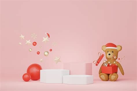 메리 크리스마스와 새해 복 많이 받으세요 개념으로 제품 및 화장품 프레젠테이션을 위한 3d 디스플레이 연단 현대 기하학 모형 및