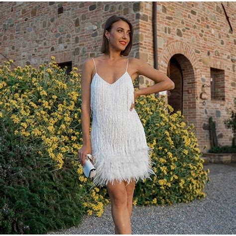 Sexy Spaghetti Strap Sequin Tassel Feather Holiday Party Mini Dress