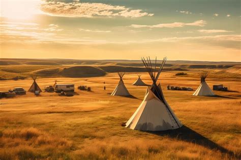 Premium Ai Image A Group Of Teepees Are In A Field With A Sunset In