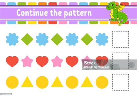 패턴을 계속하십시오 교육 개발 워크시트 아이들을위한 게임 활동 페이지 아이들을위한 퍼즐 유치원 수수께끼 귀여운 만화 스타일 벡터 그림입니다 교사 교육 관련 직업에 대한 스톡