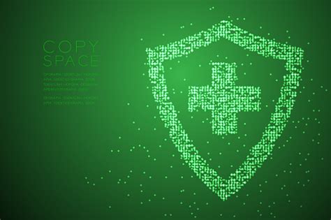 추상적인 기하학적 Bokeh 서클 도트 픽셀 패턴 의료 방패와 기호 모양 보호 개념 디자인 녹색 그림 녹색 그라데이션 배경을