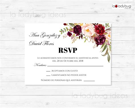 Wedding Rsvp Card In Spanish Floral Tarjeta Rsvp De Boda Para Editar Imprimir Tarjeta Boda