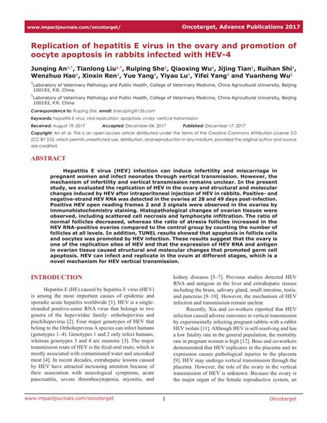 Pdf Replication Of Hepatitis E Virus In The Ovary And Promotion Of Oocyte Apoptosis In Rabbits