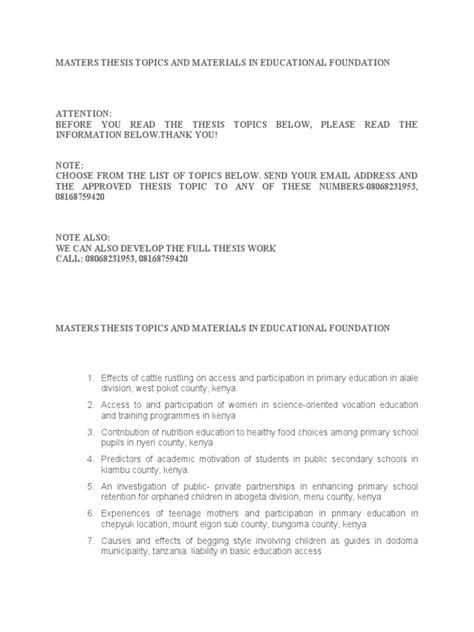 Masters Thesis Topics And Materials In Educational Foundation Pdf Teachers Nigeria