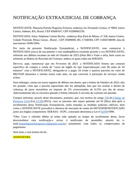 Modelo Notificação Extrajudicial De Cobrança Ii Pdf