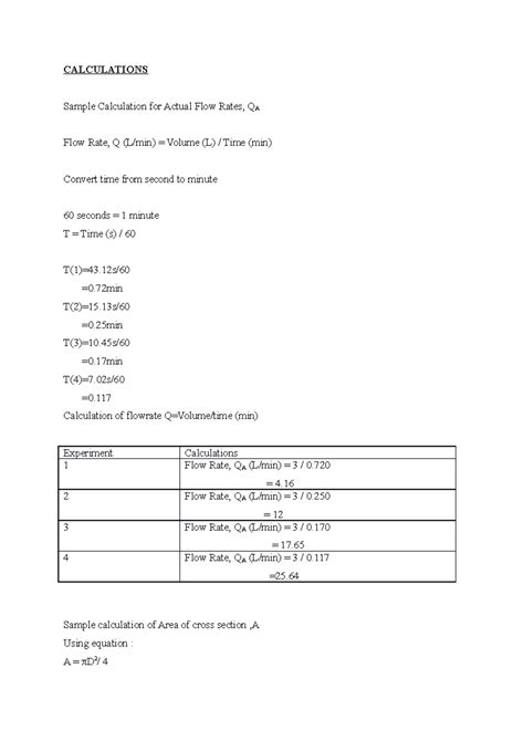 Calculation Lab Report Che486 Calculations Sample Calculation For Actual Flow Rates Qa Flow