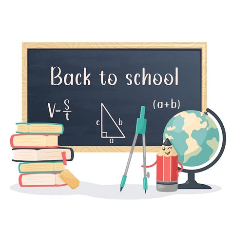 学用品とかわいい笑顔の鉛筆で学校の背景に戻る学校バナー本教科書黒板地球文具教育知識研究概念ベクトル漫画イラスト Premiumベクトル素材