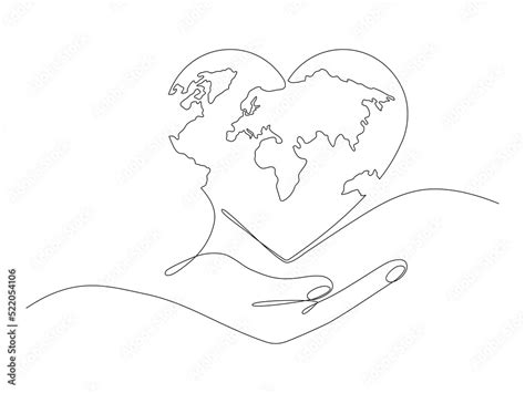 Human Hand Holding Earth Globe Continuous Line Art Drawing Save Of