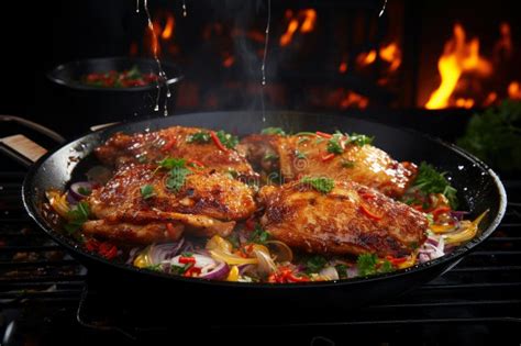 Grilled Chicken With Vegetables Barbecue With Fire And Smoke Stock
