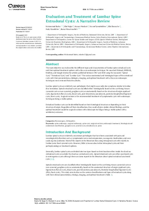 Evaluation And Treatment Of Lumbar Spine Extradural Cysts A Narrative Review