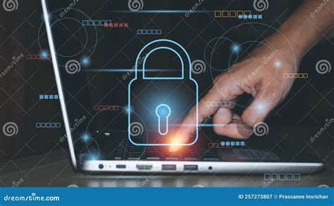 Cyber Security Online Concept. the Businessman Touches His Finger on the Laptop with Lock Icon ...