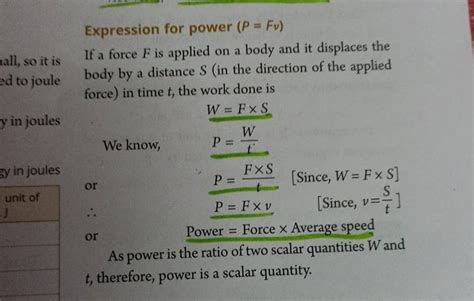 expression for power p fv if a force f is applied on a body and it disp