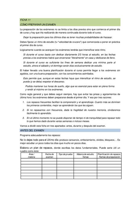 Ficha Cmo preparar un examen FICHA 11 CÓMO PREPARAR UN EXAMEN La