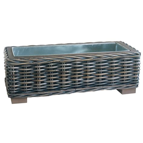 Rectangular Rattan Planter With Metal Insert In A Blue Grey Finish
