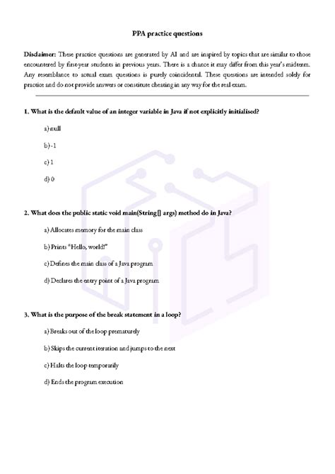Ppa Practice Questions For Java Programming Midterm Exam Studocu