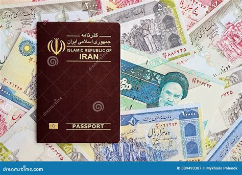 Red Islamic Republic Of Iran Passport And Iranian Reals Money Bills