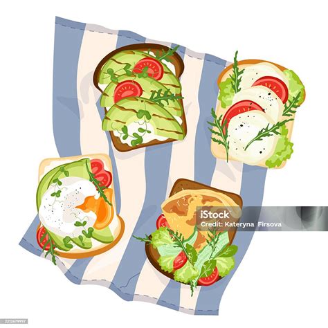 냅킨에 건강한 토스트 세트 아침 식사로 샌드위치를 열거나 수란이나 오믈렛 아보카도 조각 방울 토마토 샐러드 모짜렐라 치즈와 함께 출시하십시오 벡터 일러스트 레이 션 플랫