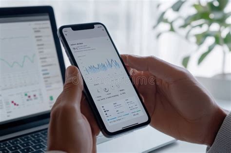 Close Up Of Hands Analyzing Data On A Smartphone App With Charts And Graphs Visible On The