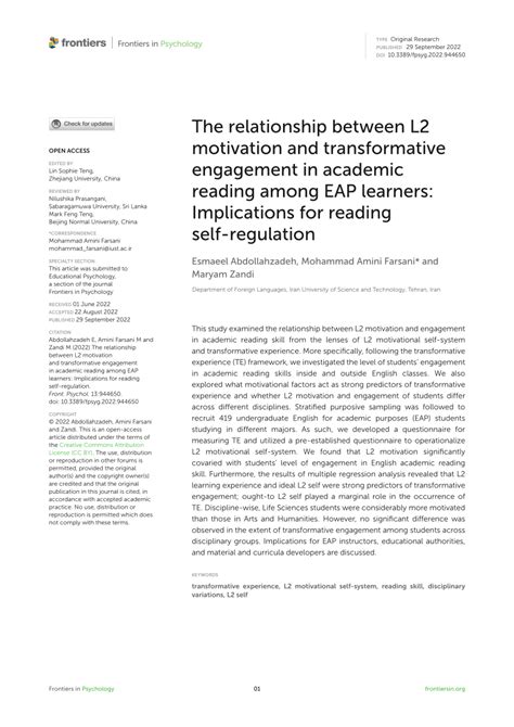 Pdf The Relationship Between L2 Motivation And Transformative Engagement In Academic Reading