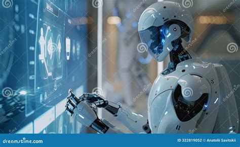 A Humanoid Robot Interacts With A Touchscreen Interface Displaying Ai
