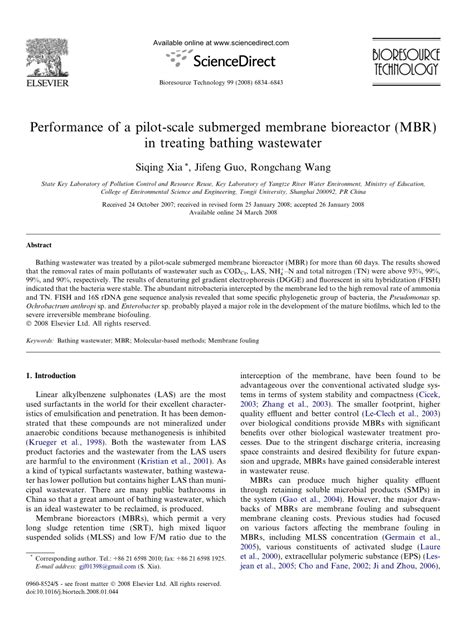 Pdf Performance Of A Pilot Scale Submerged Membrane Bioreactor Mbr In Treating Bathing