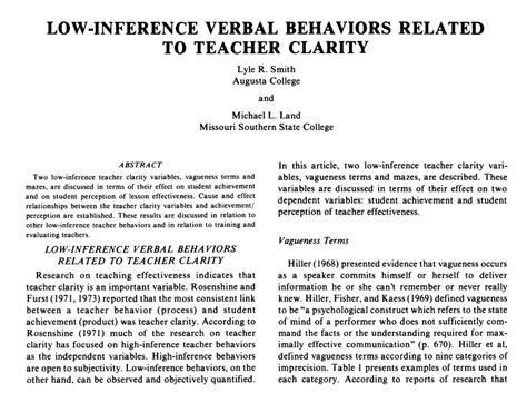 Research Low Inference Verbal Behaviors Related To Teacher Clarity Tips For Teachers By Craig