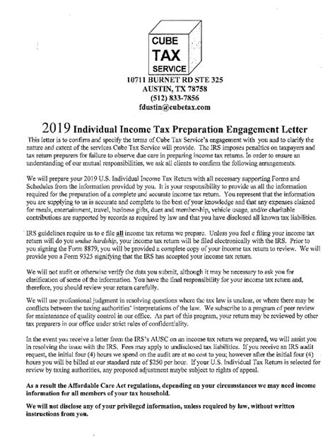 Tx Cube Tax Service Individual Income Tax Preparation Engagement Letter