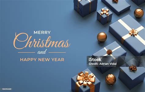 파란색 선물 공 및 텍스트와 우아한 크리스마스 배경 메리 크리스마스와 3d 렌더링에 인사말 카드 또는 배너에 대한 행복한 새해 유형 단일 이미지에 대한 스톡 사진 및 기타