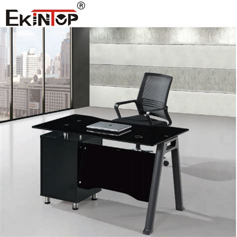 Commercial Black Glass L Shaped Desk With Drawers Modern Executive